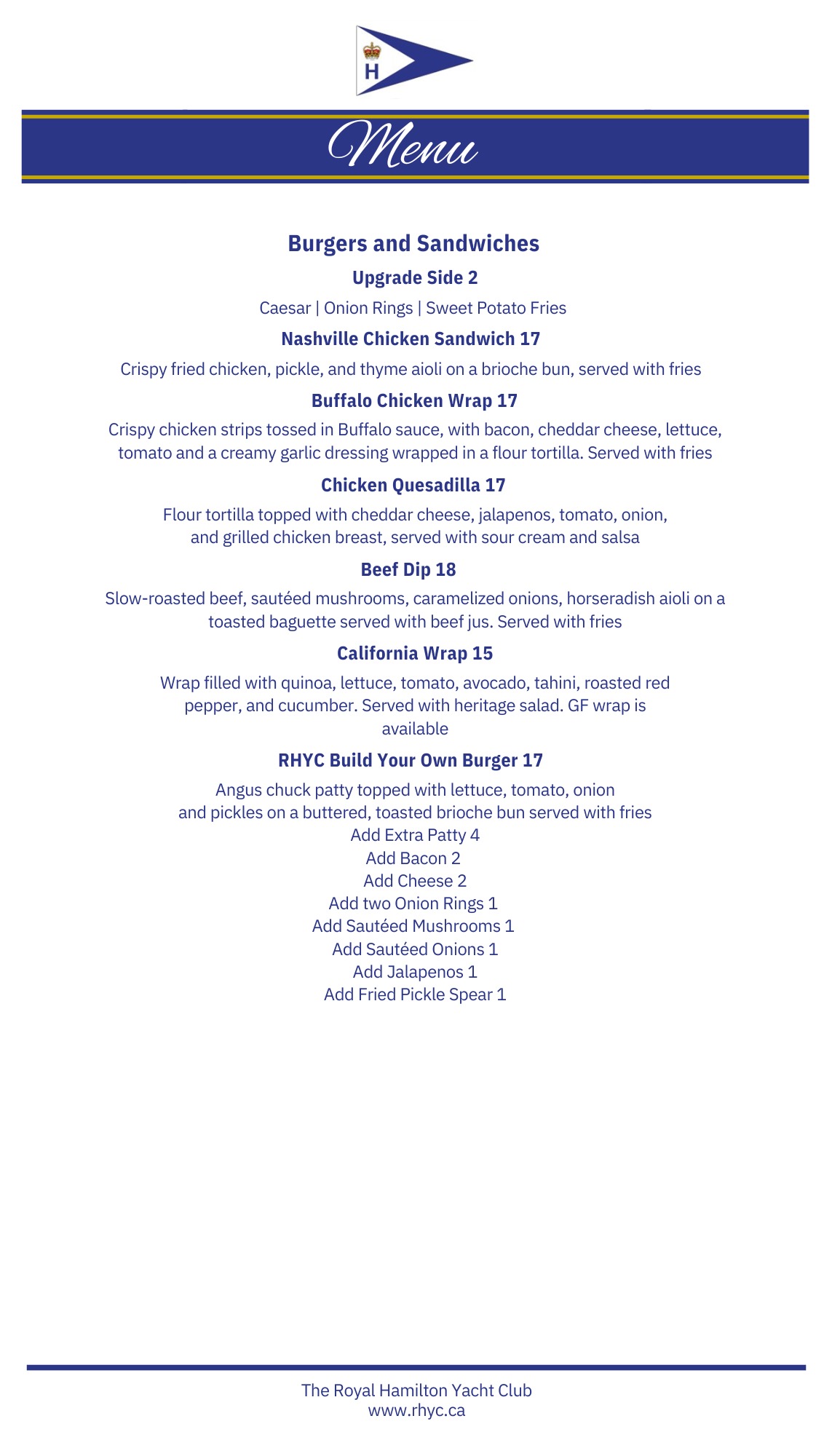 Menu - Royal Hamilton Yacht Club